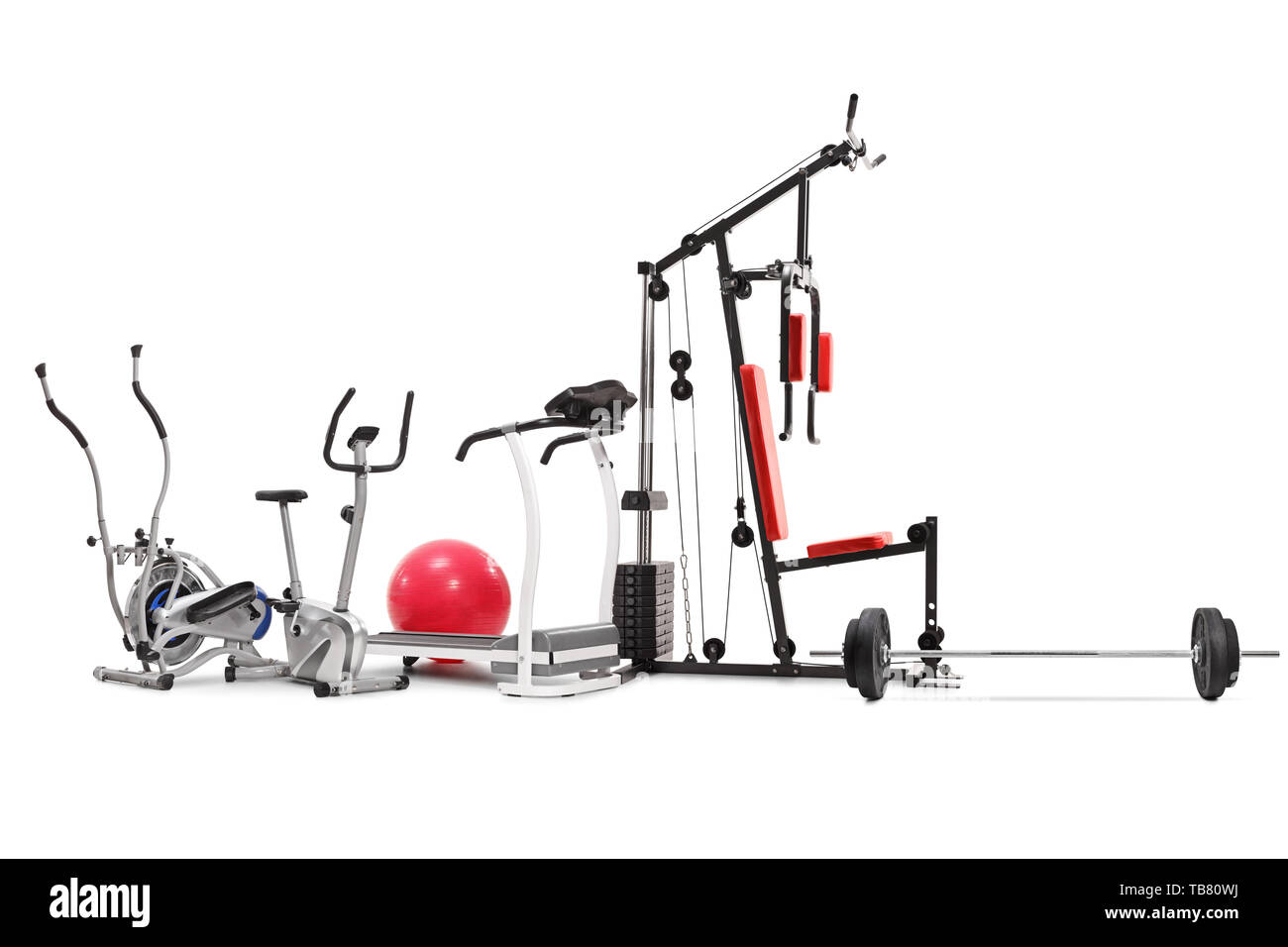 Different exercising equipment and machines isolated on white ...