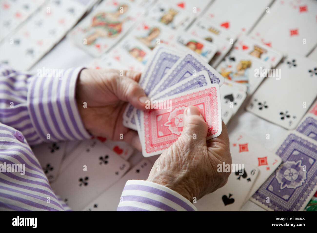 Very old senior lady playing cards alone at home Stock Photo - Alamy