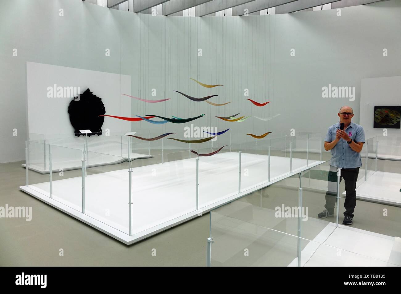 Visitor in a gallery of the Corning Museum of Glass. The abstract flock ...