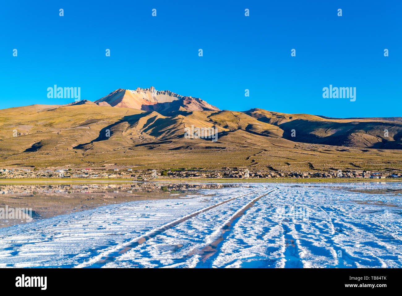 View of the dormant volcano Tunupa and the village of Coqueza at the ...