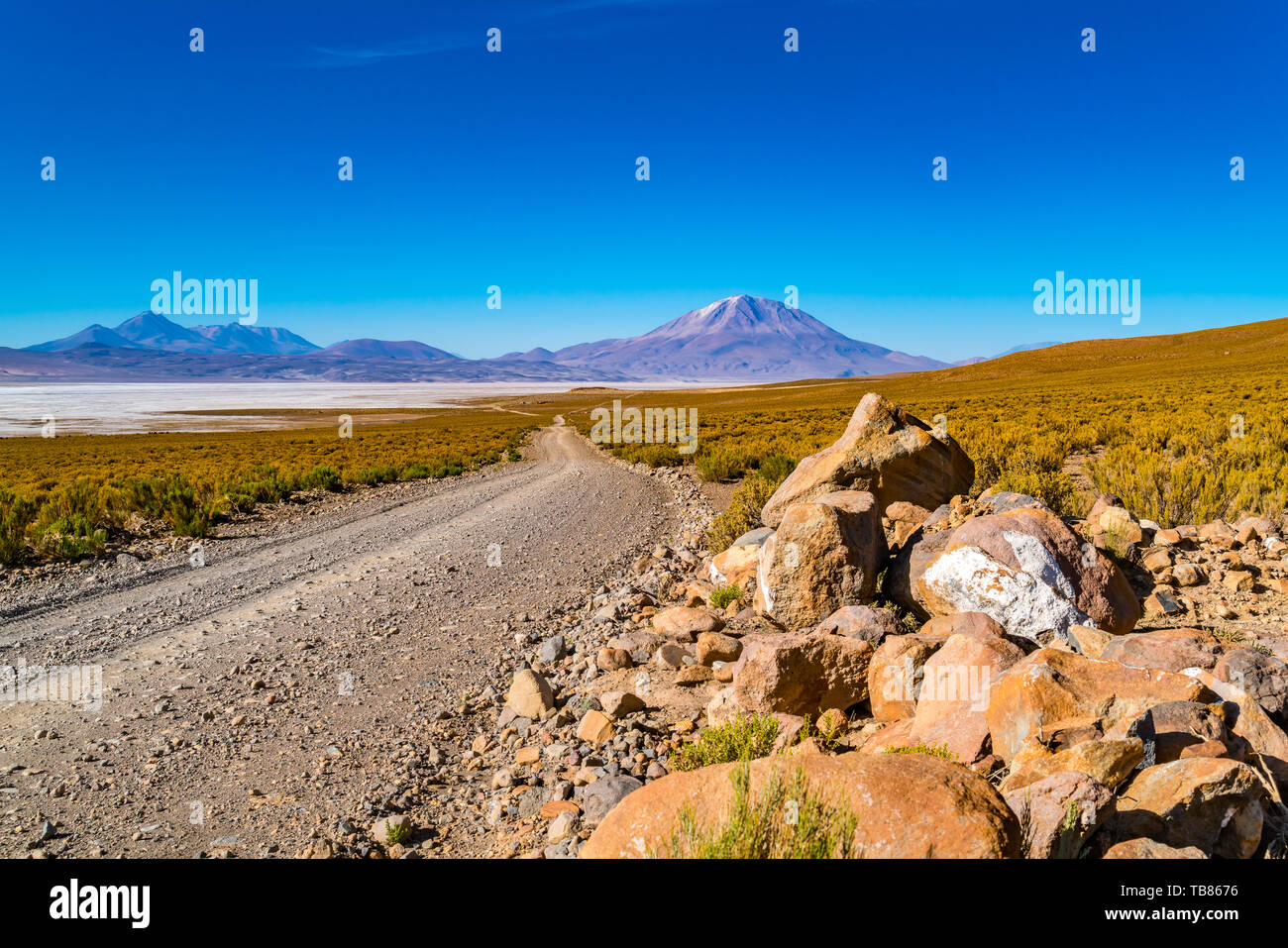 View of Salar de Uyuni with the dormant volcano and a dirty road in ...