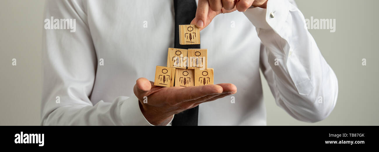 Wide view image of businessman stacking wooden cubes with people icon ...