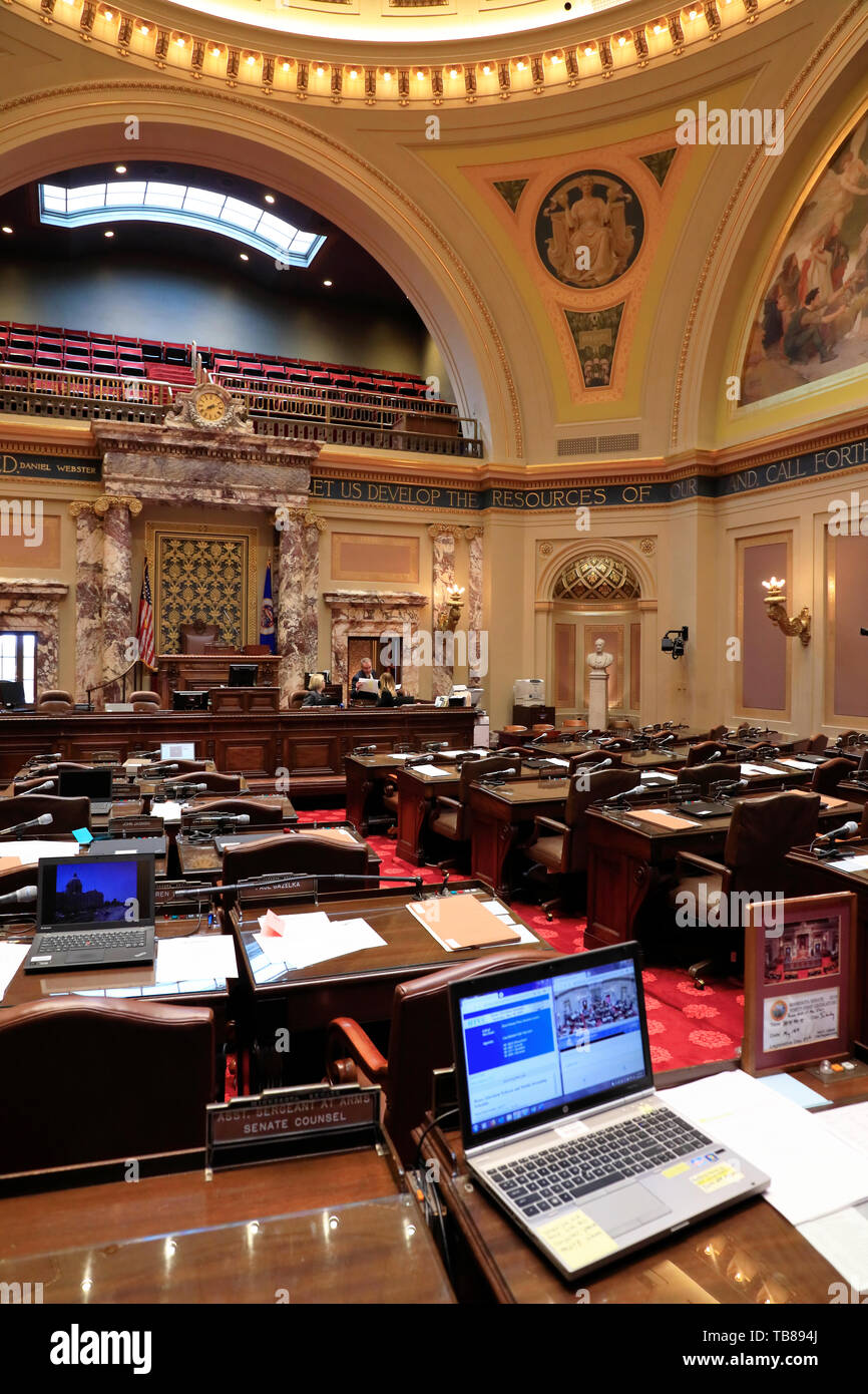 Computers on the table inside of Minnesota Senate Chamber in Minnesota ...