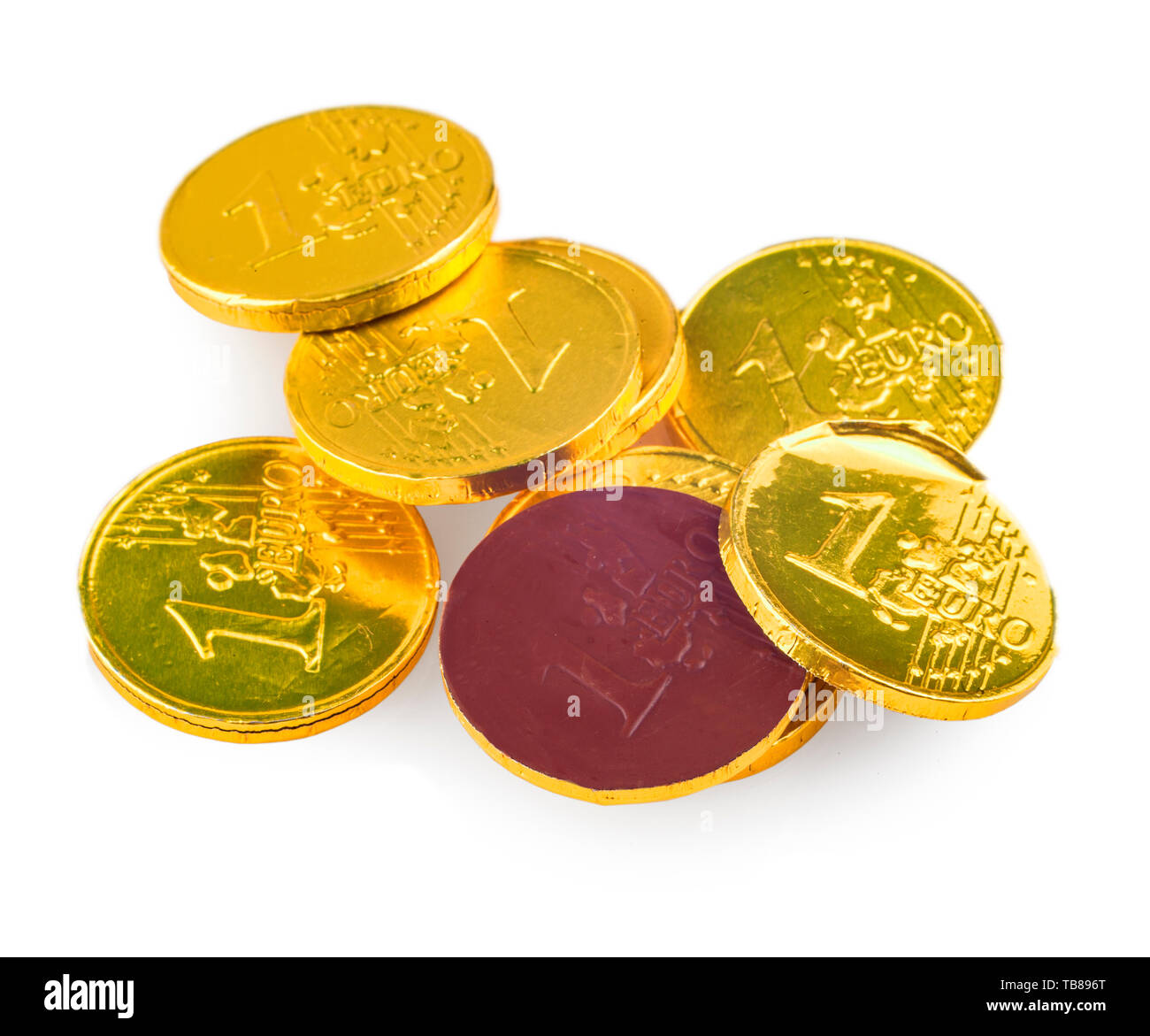 Chocolate coins of 1 euro isolated on white background Stock Photo - Alamy