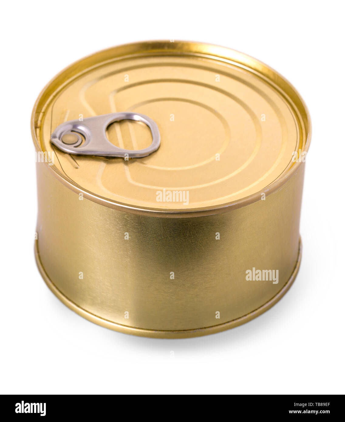 Gold metal tin can isolated on white background Stock Photo - Alamy