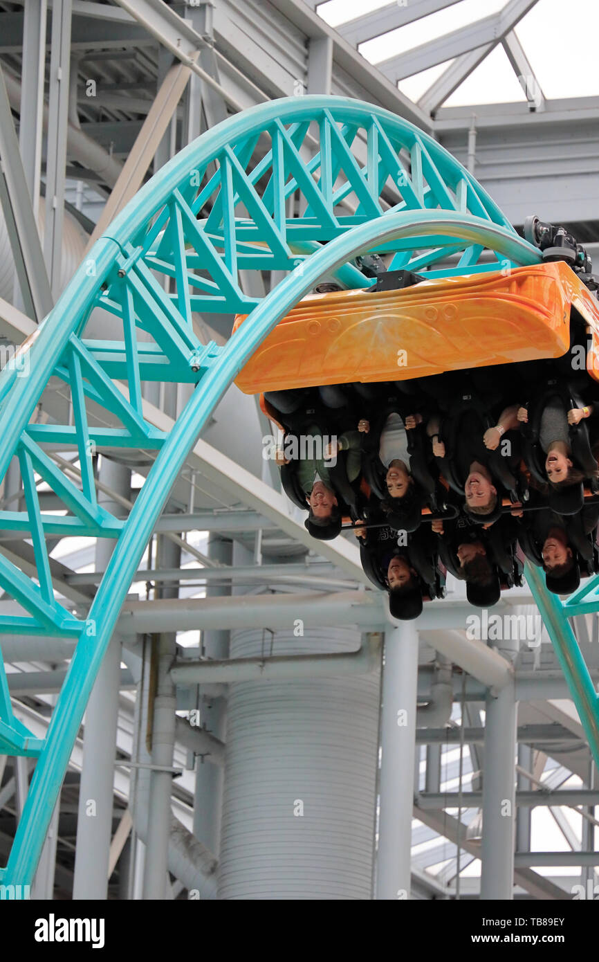 Visitors riding the roller coaster of Spongebob Squarepants Rock Bottom ...