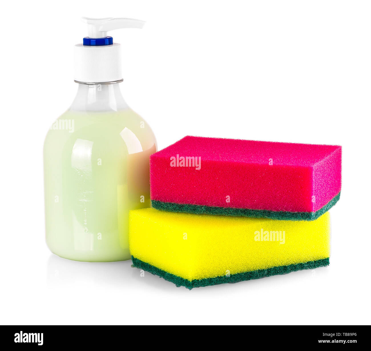Sponges and liquid soap for washing dishes isolated on white background ...