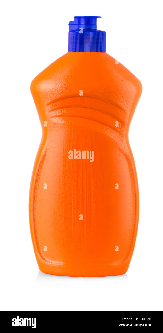 Red plastic bottle with liquid laundry detergent, cleaning agent ...