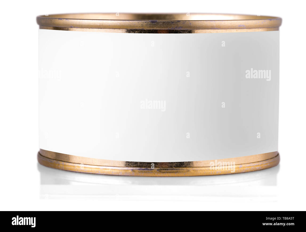 golden tin can with label on isolated white background Stock Photo - Alamy