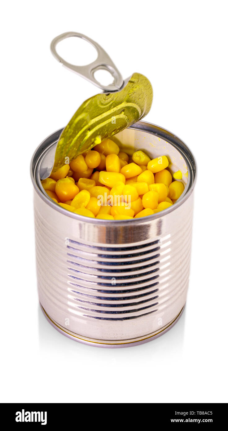 open can of corn isolated on white background Stock Photo - Alamy