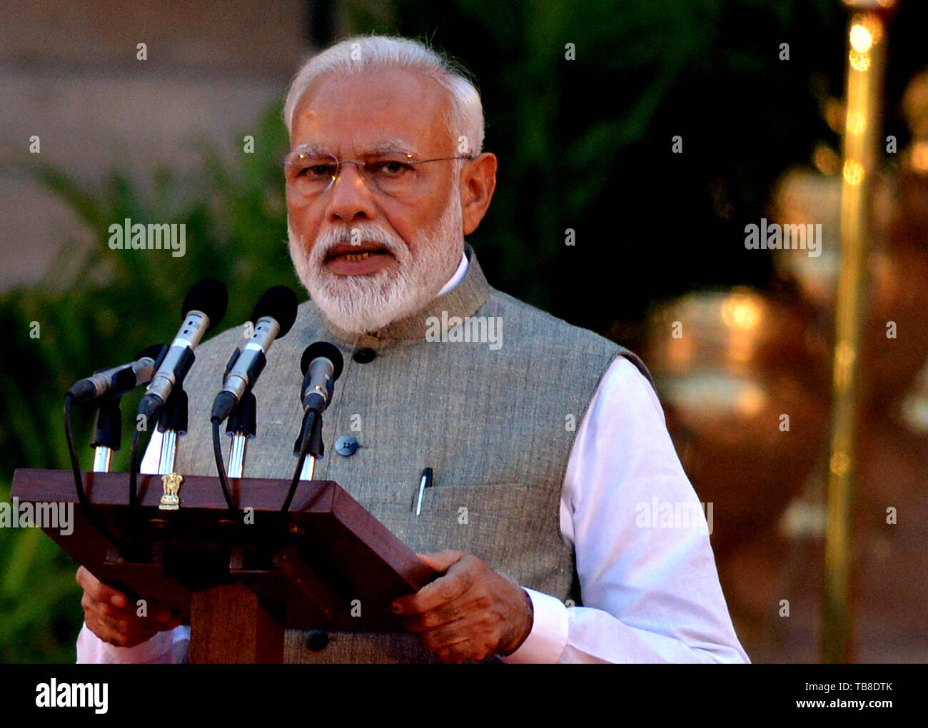 New Delhi. 30th May, 2019. Narendra Modi takes oath as the Indian Prime Minister during a ...