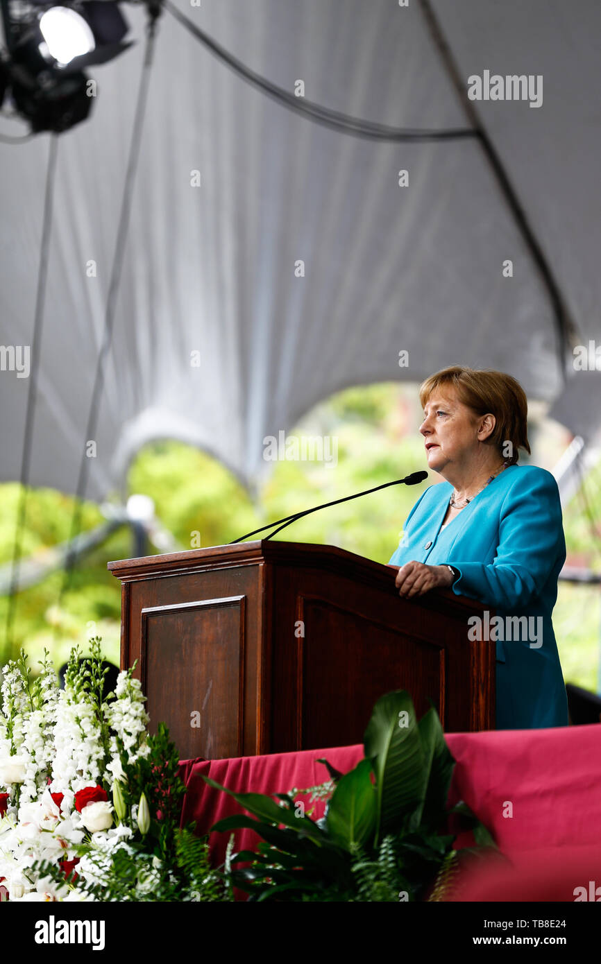 Cambridge, USA. 30th May, 2019. Chancellor Angela Merkel (CDU) gives a ...