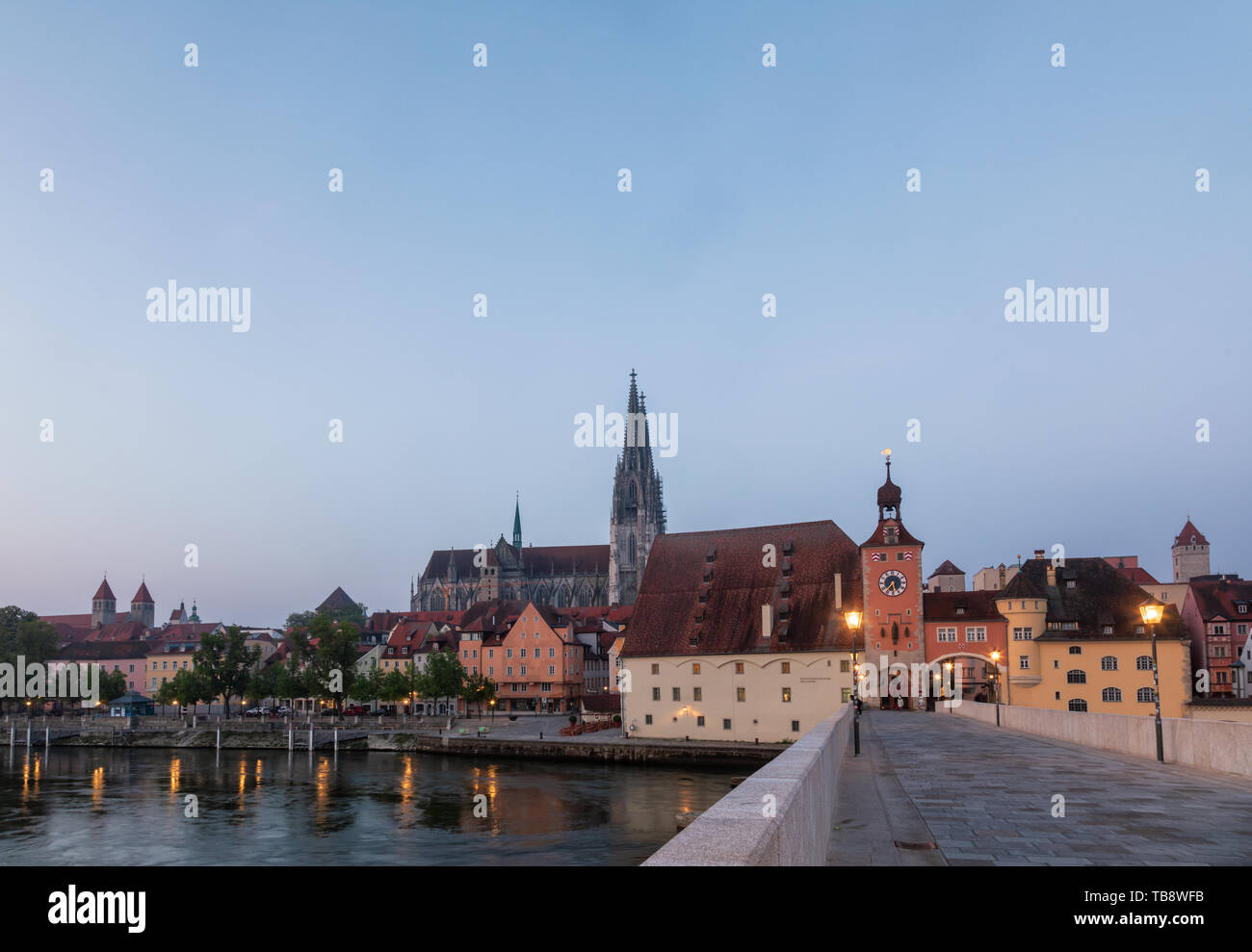 Regensburg cityscape as viewed from the medieval Stone Bridge ...
