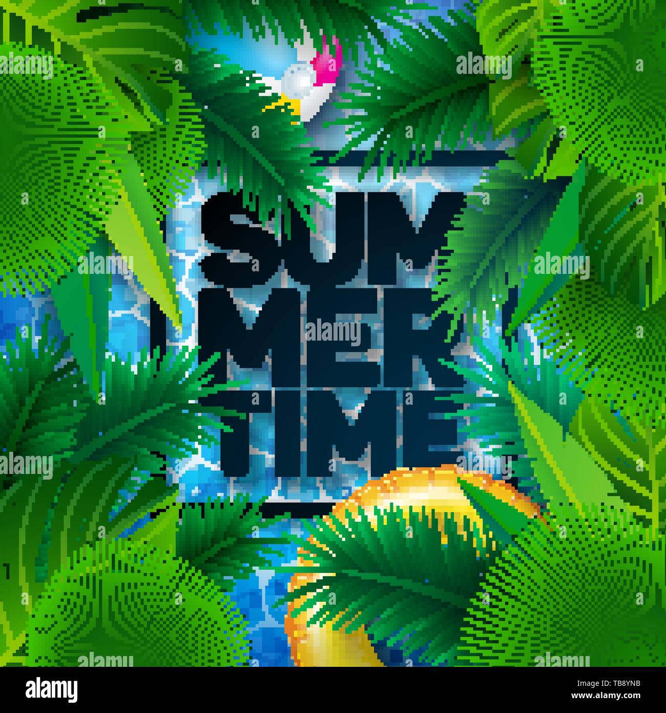 Summer Illustration with Float and Tropical Palm Leaves on Water in the ...