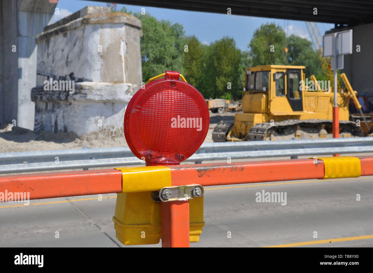 Bridge repair. Warning signs for work in progress on road under ...