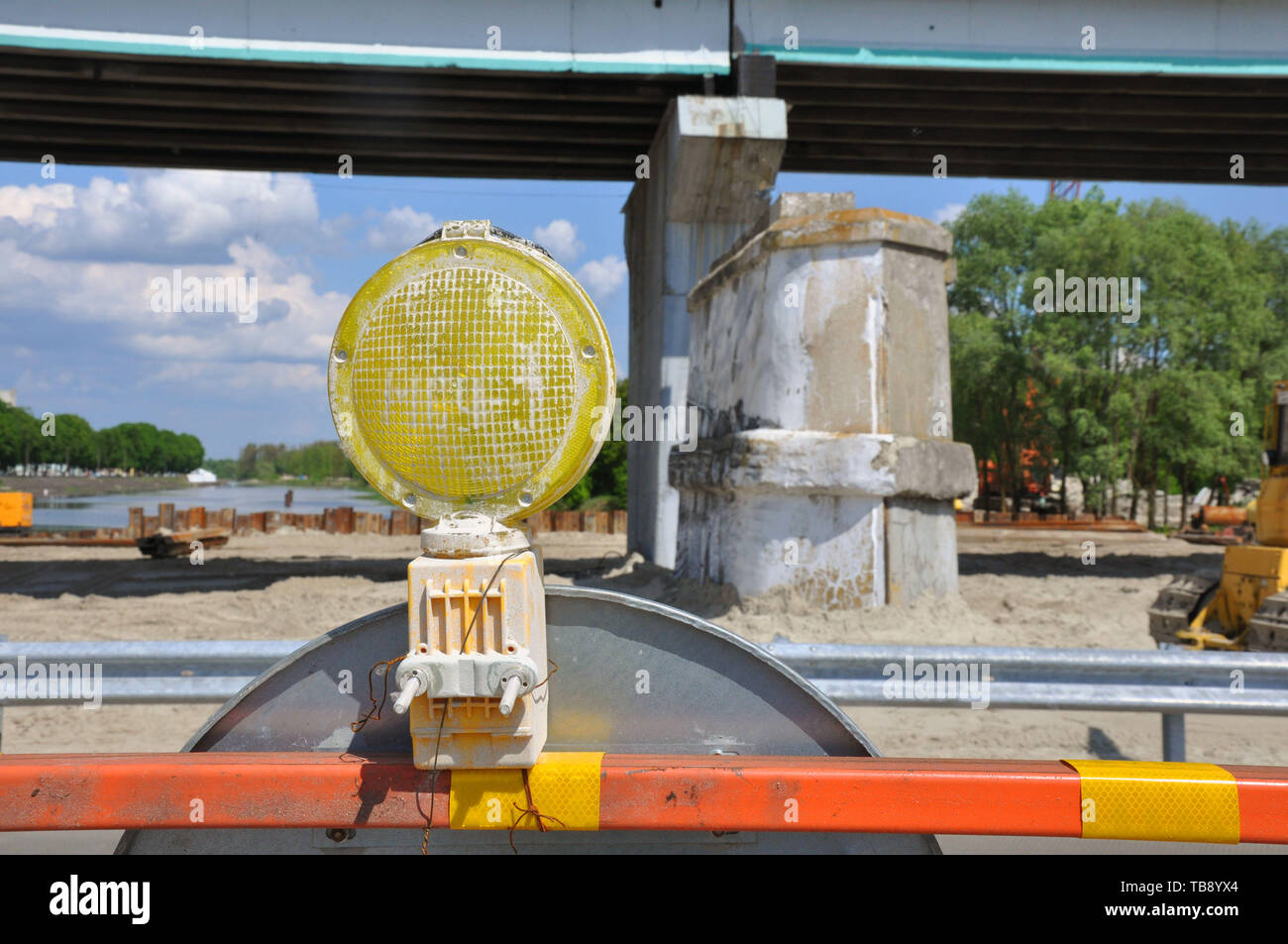 Bridge repair. Warning signs for work in progress on road under ...