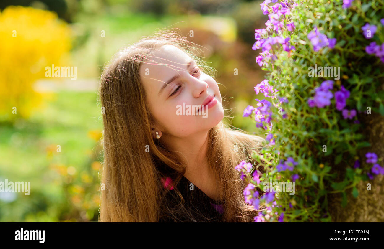 Girl teen walk in botanical garden. Peaceful environment garden ...