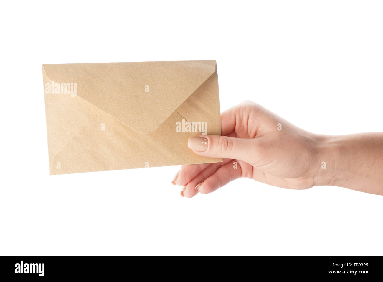 Female hand with envelope on white background Stock Photo - Alamy