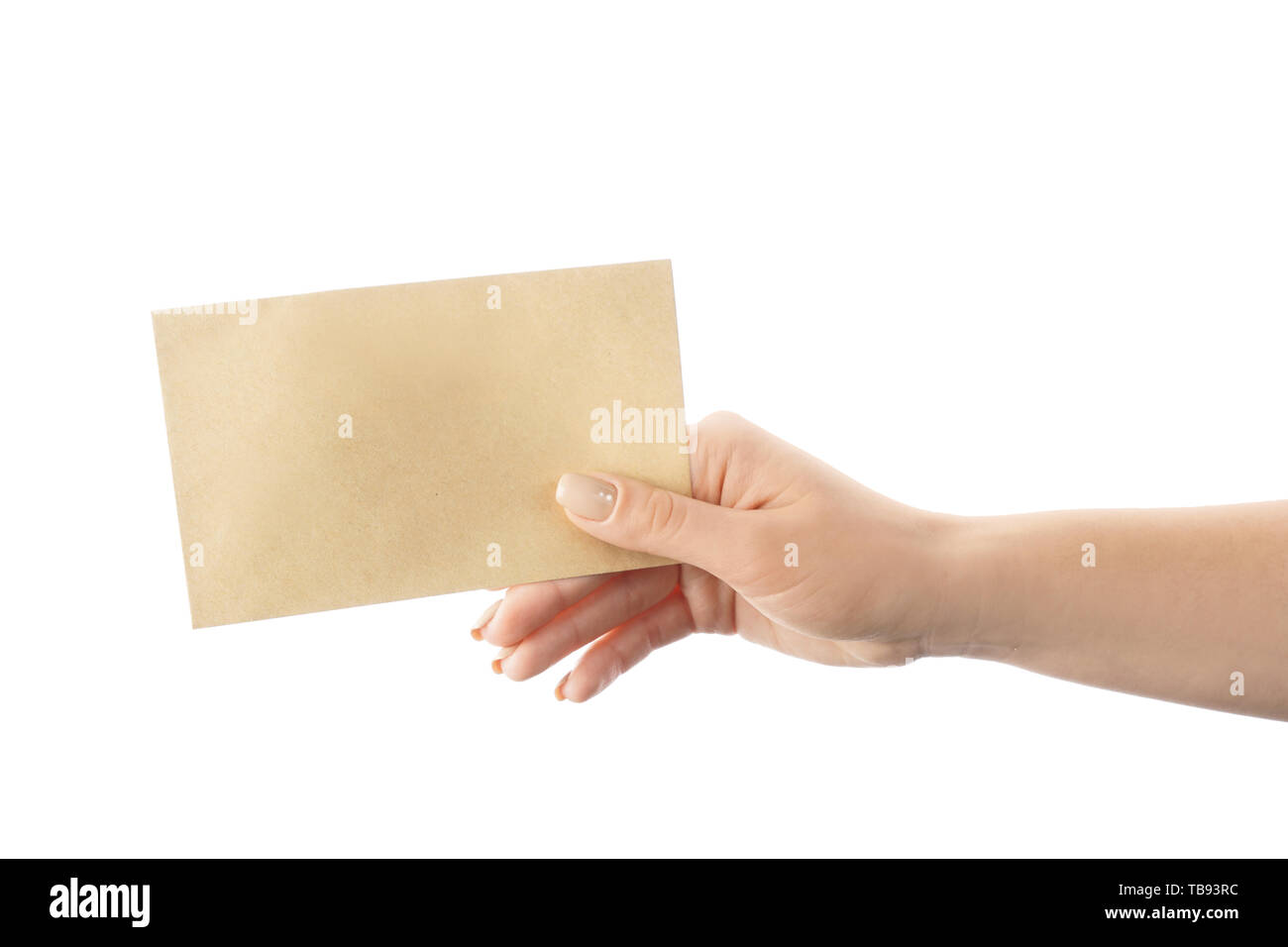 Female hand with envelope on white background Stock Photo - Alamy