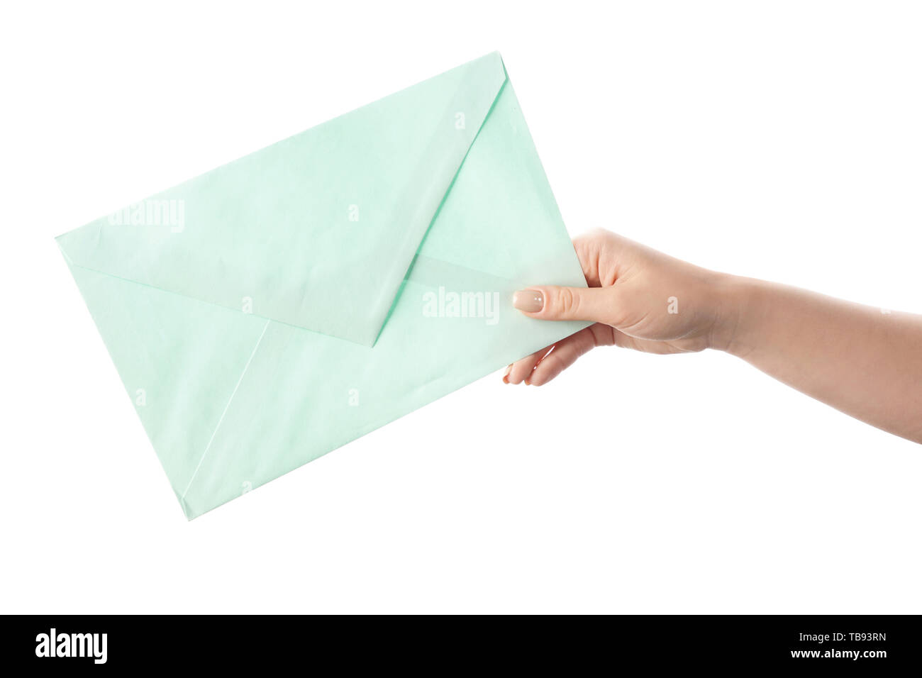 Female hand with envelope on white background Stock Photo - Alamy