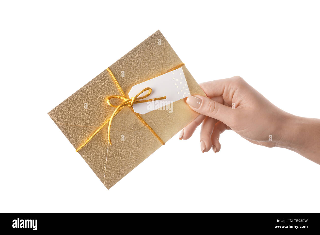 Female hand with envelope on white background Stock Photo - Alamy