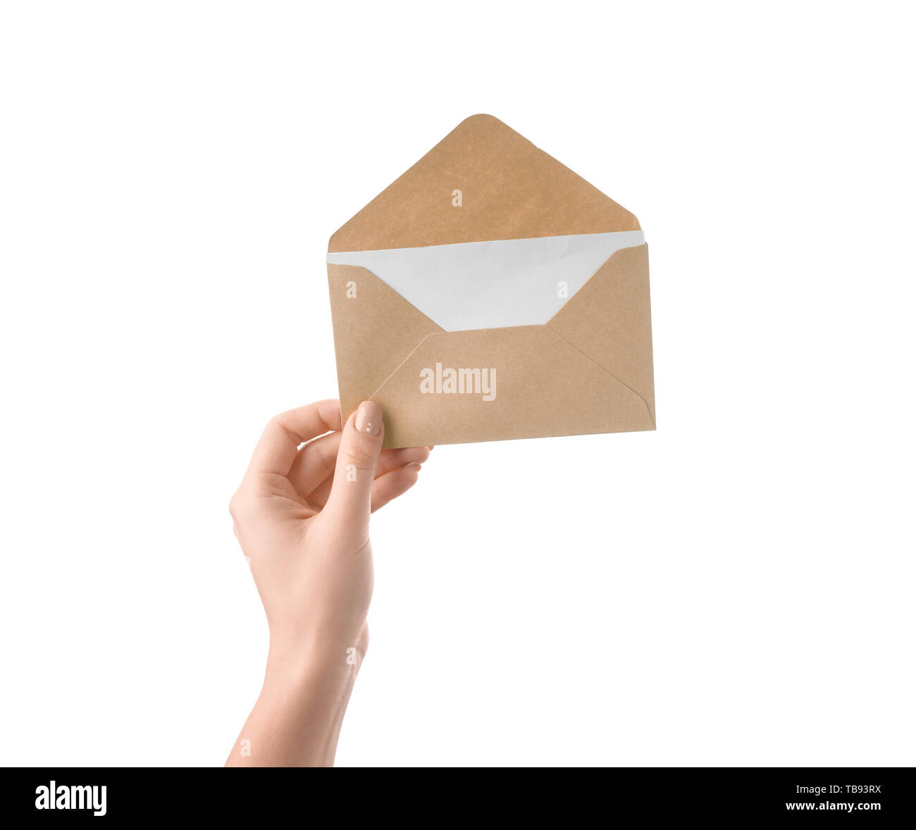Female hand with envelope on white background Stock Photo - Alamy