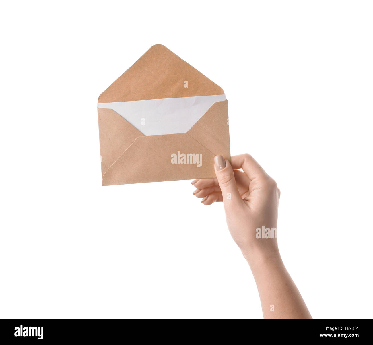Female hand with envelope on white background Stock Photo - Alamy