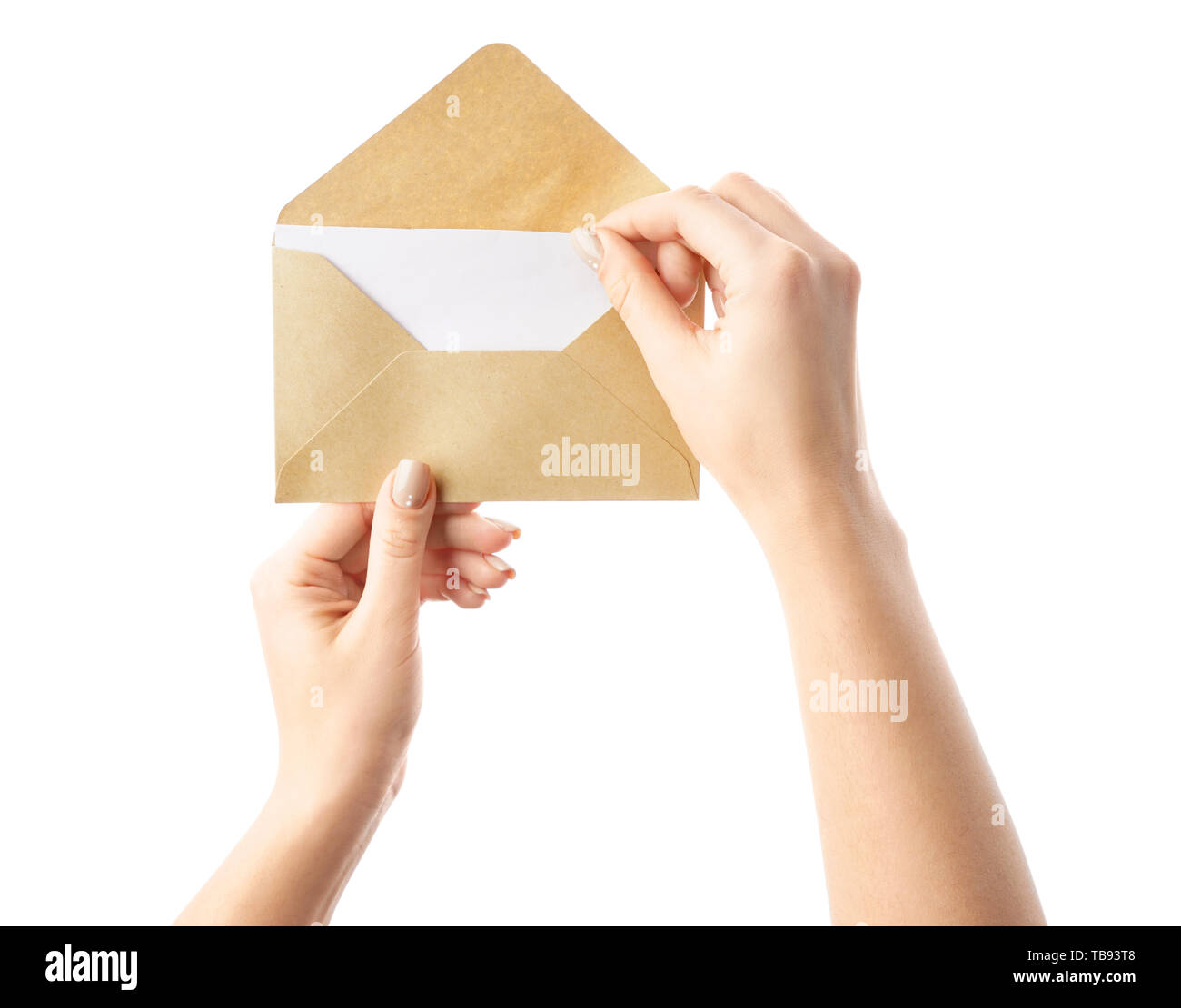 Female hands with envelope on white background Stock Photo - Alamy