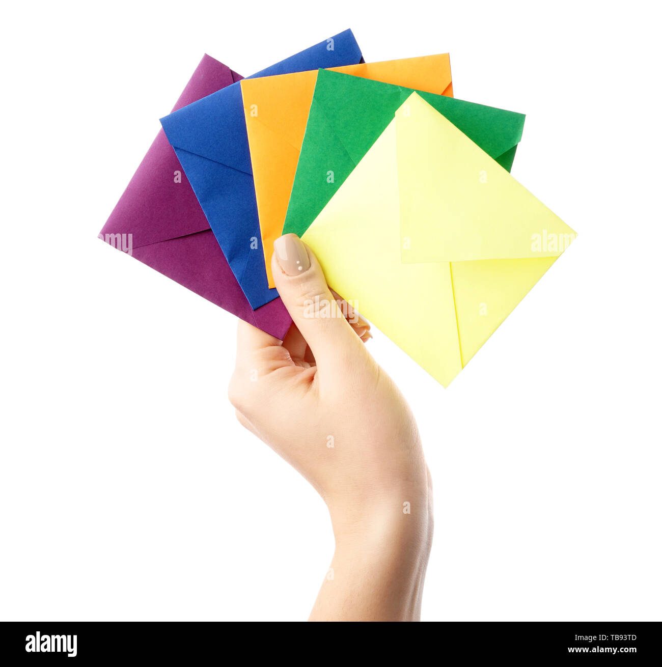 Female hand with envelopes on white background Stock Photo - Alamy