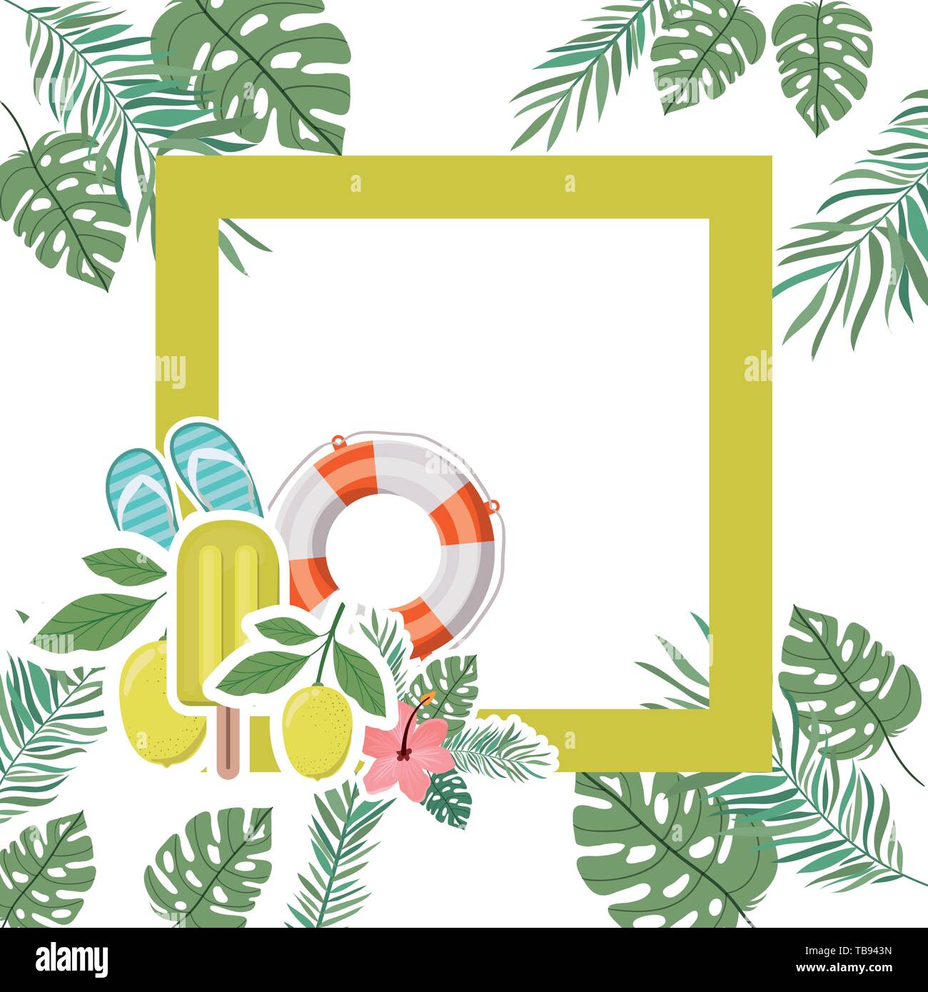 frame with summer objects in leaves background Stock Vector Image & Art ...