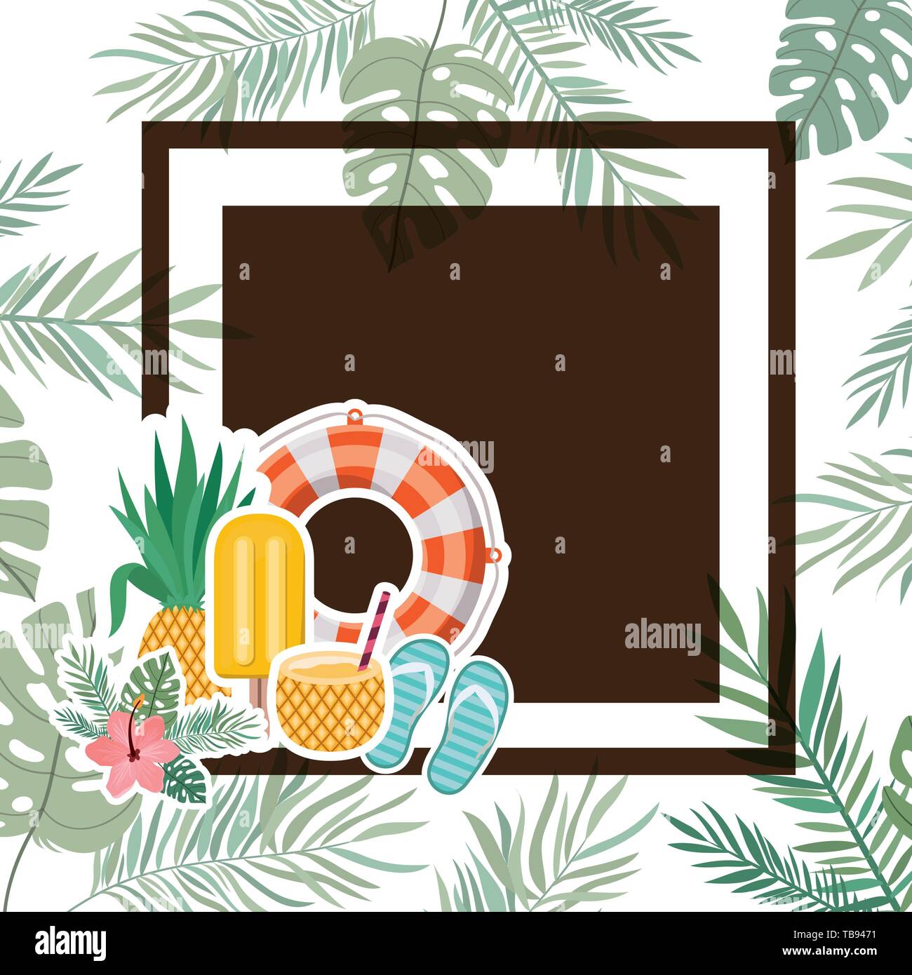 frame with summer objects in leaves background Stock Vector Image & Art ...