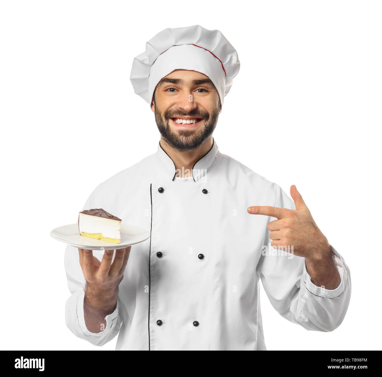 Male confectioner with tasty dessert on white background Stock Photo ...