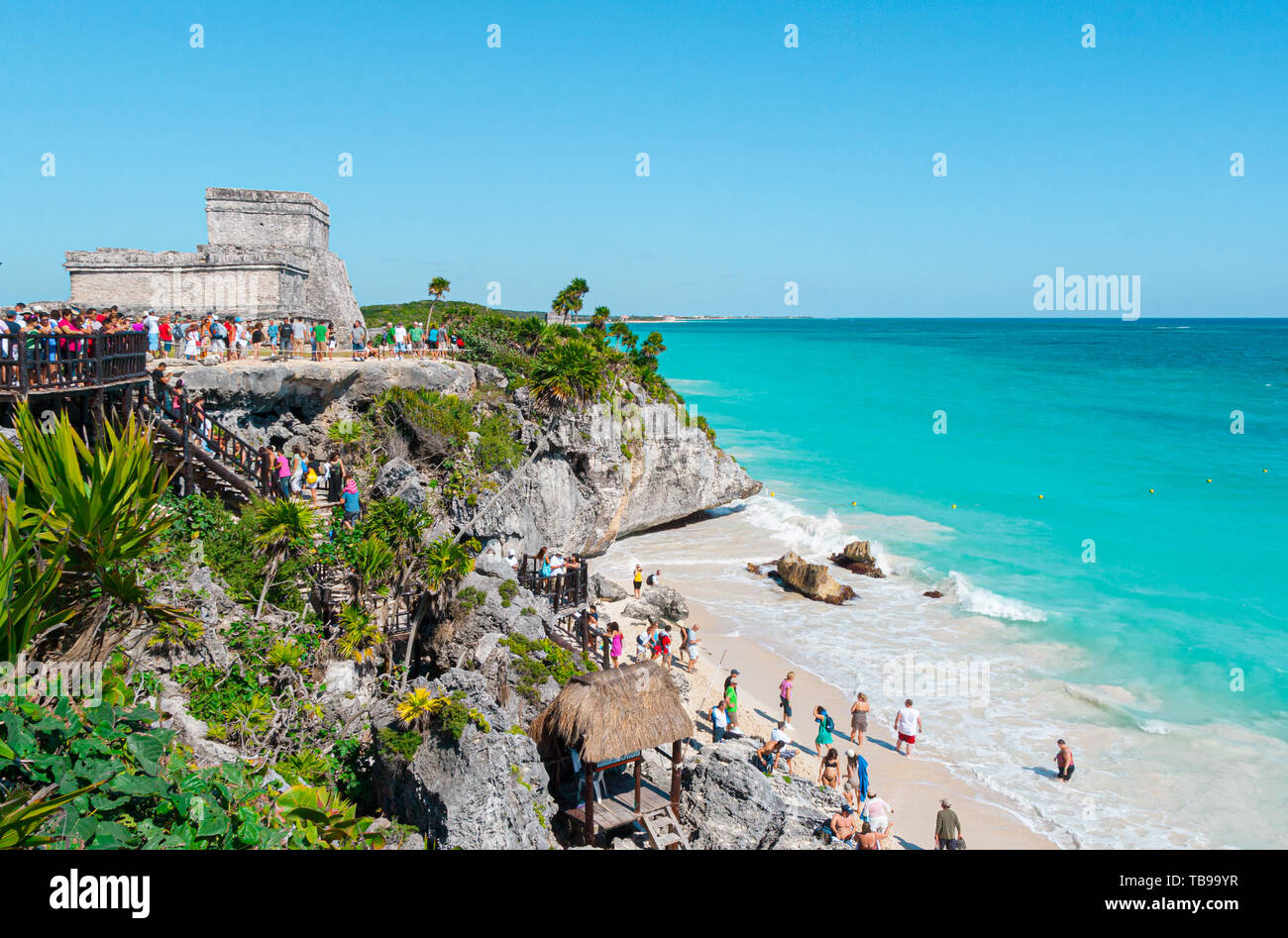 Tulum, Mexico. Circa December 2010: tourist crowd visiting Tulum ruins ...