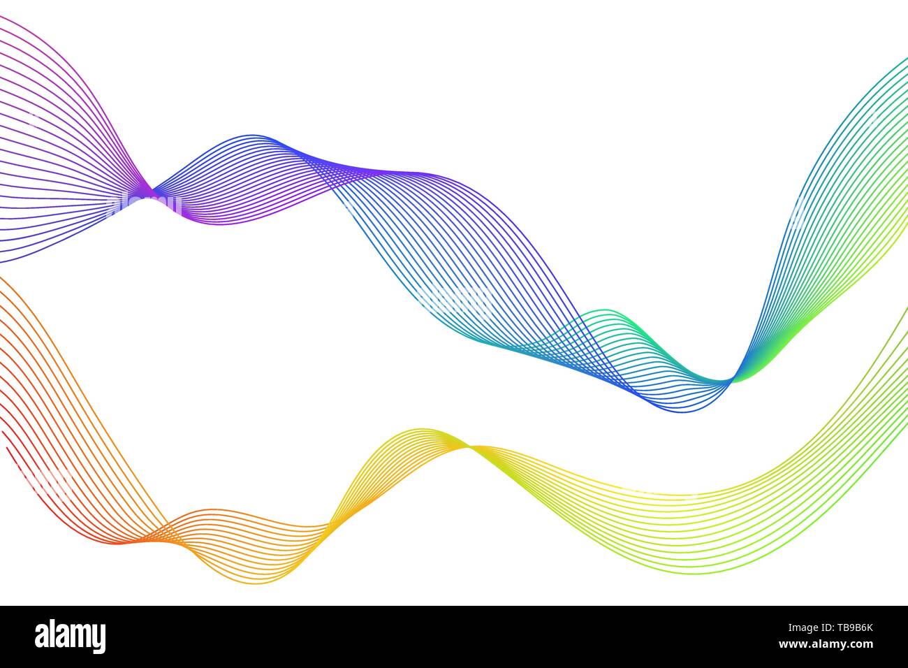 Two abstract waves made up from thin curved lines in bright trendy ...