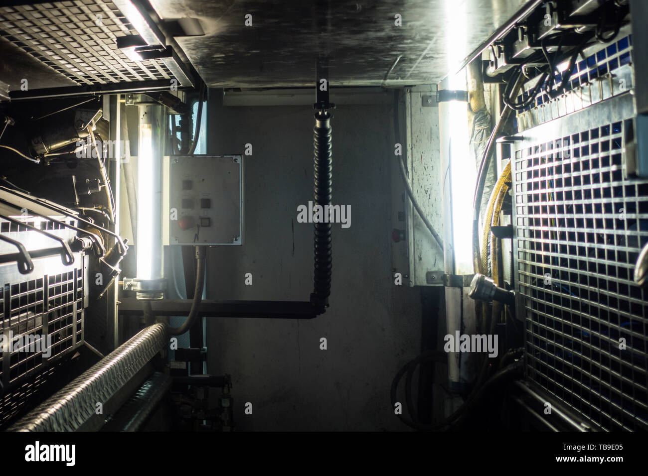 Industrial Machine Inside Underneath Various Metal Details Fluorescent ...