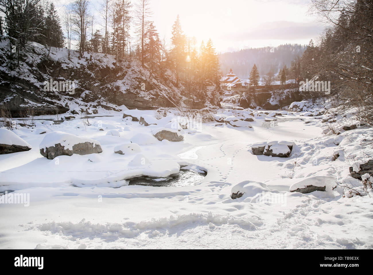 Cold mountain stream on winter day Stock Photo - Alamy