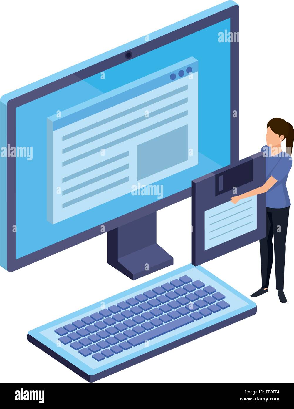 young woman lifting floppy disk with desktop Stock Vector Image & Art ...