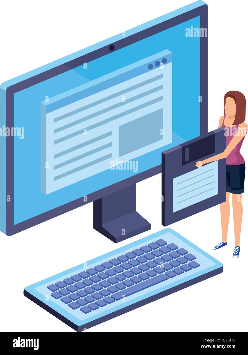 young woman lifting floppy disk with desktop Stock Vector Image & Art ...