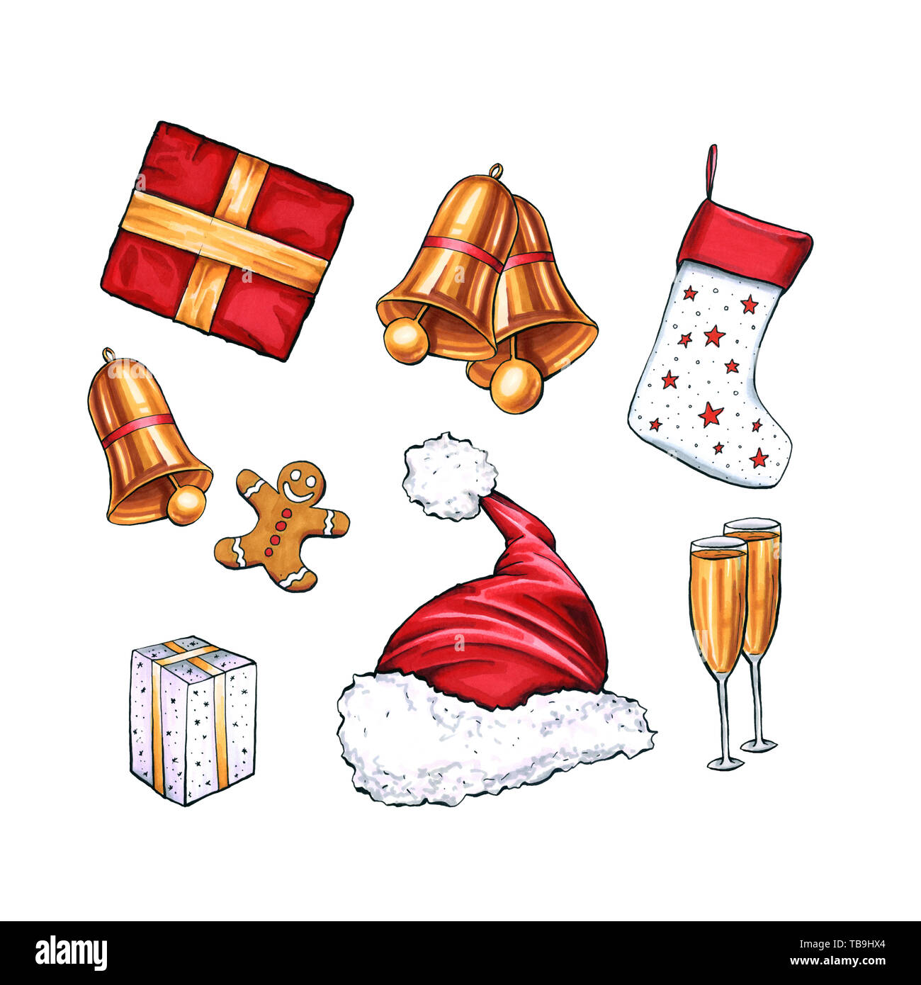 Xmas decoration hand drawn illustrations set. Cartoon color gift box ...