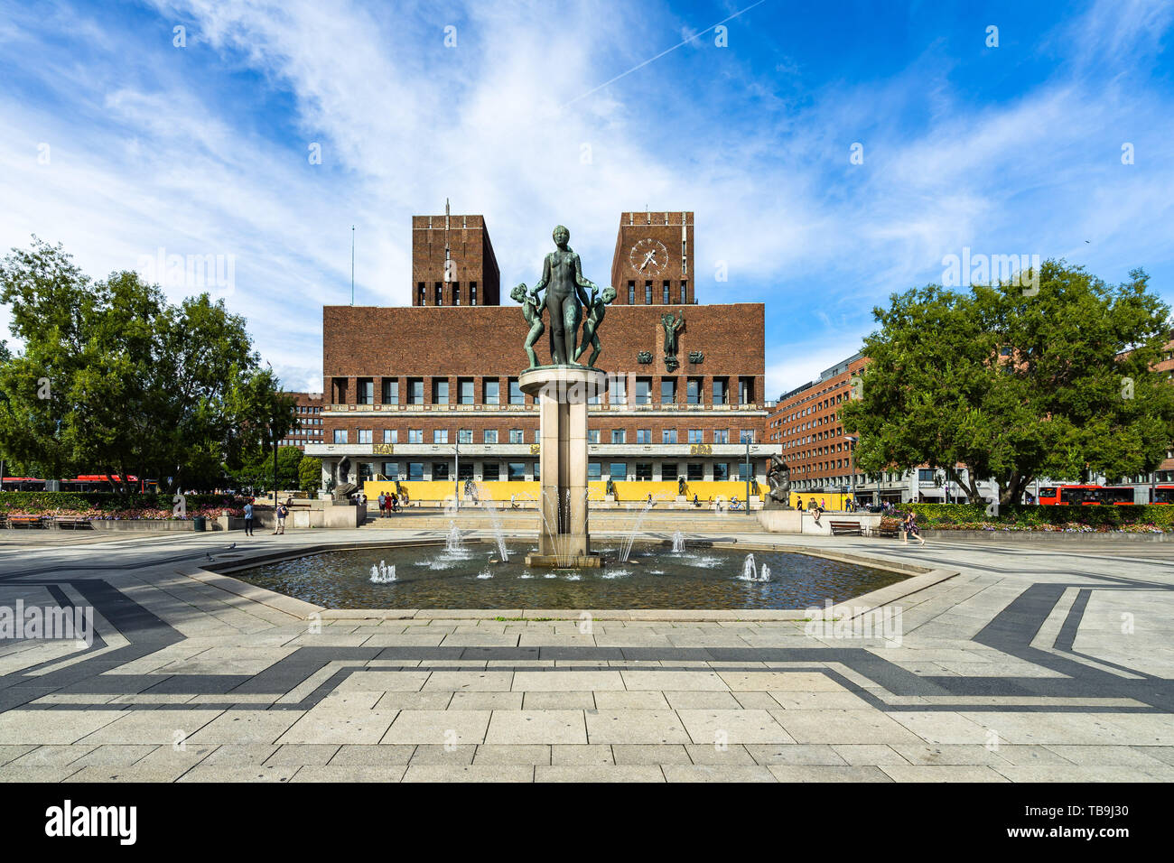 Oslo City Hall (Radhus) housing the city council and is and has two red ...