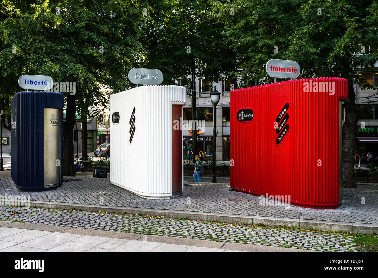 Public toilets in Oslo city center at Spikersuppa park with colours of ...
