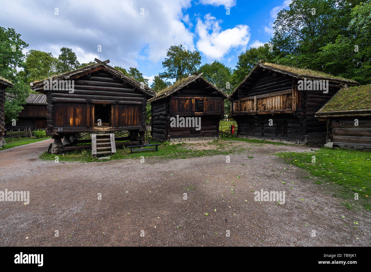 Log houses in the farmstead from at Norsk Folkemuseum, one of the most ...