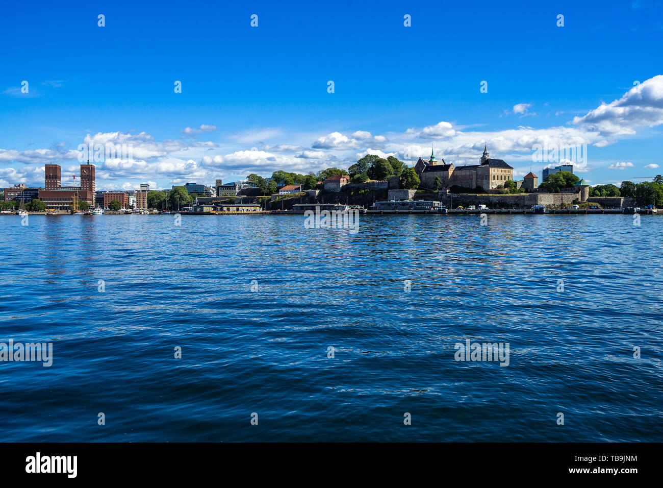 Akershus medieval fortress viewed from Oslo fjord, Norway Stock Photo ...