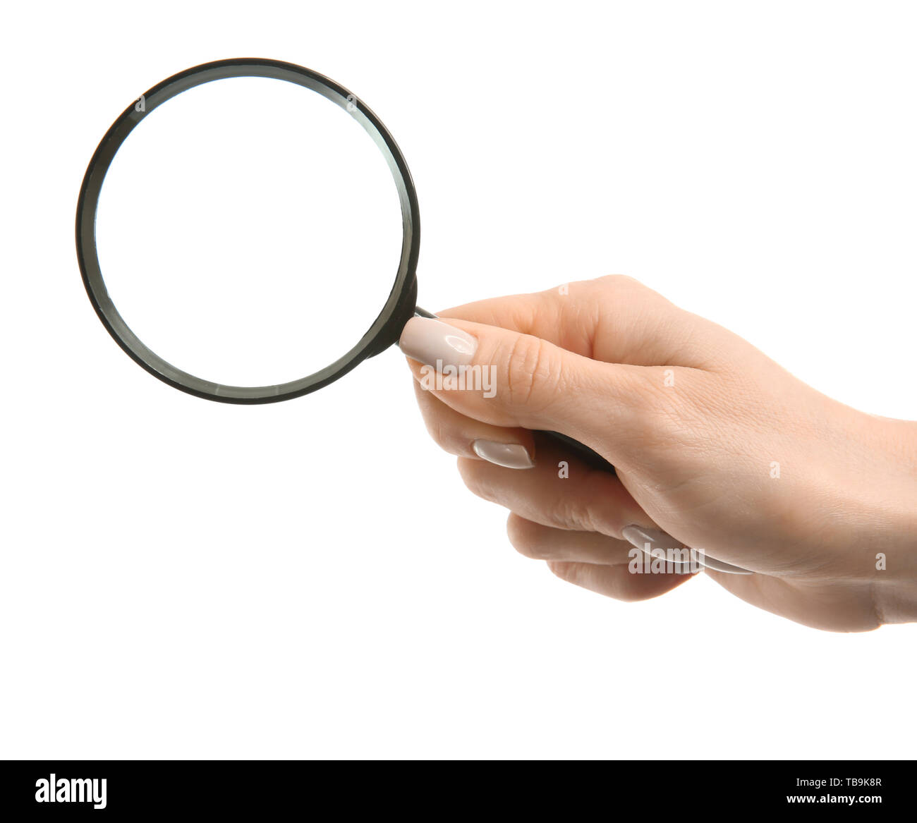 Female hand with magnifier on white background Stock Photo - Alamy