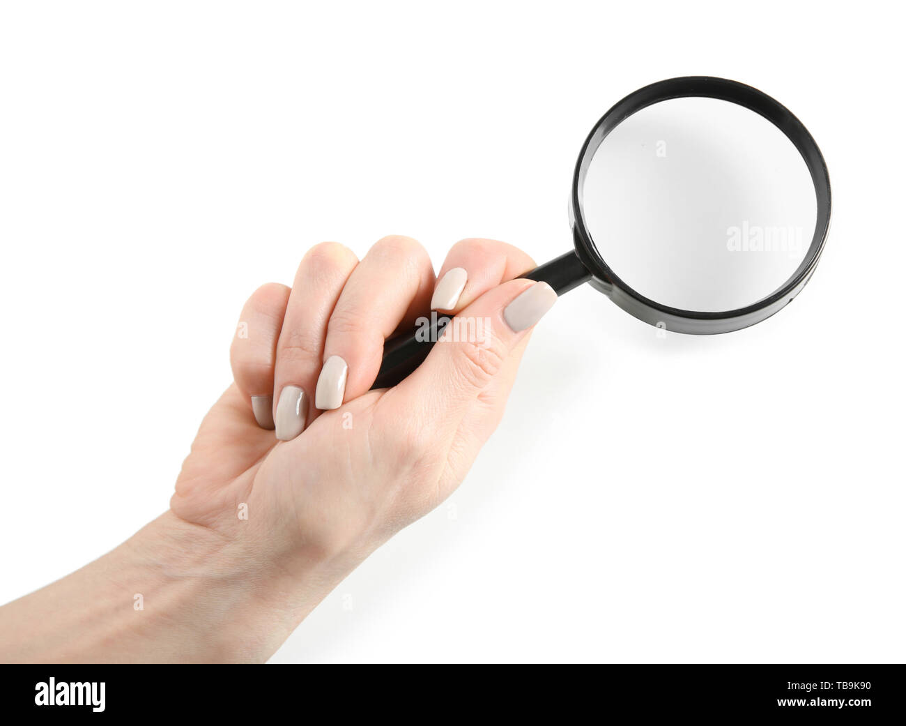 Female hand with magnifier on white background Stock Photo - Alamy