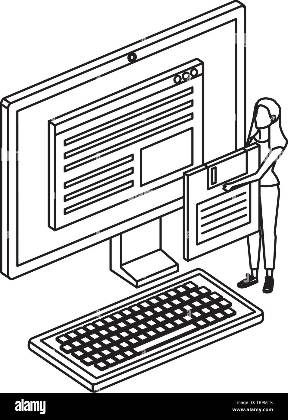 young woman lifting floppy disk with desktop Stock Vector Image & Art ...