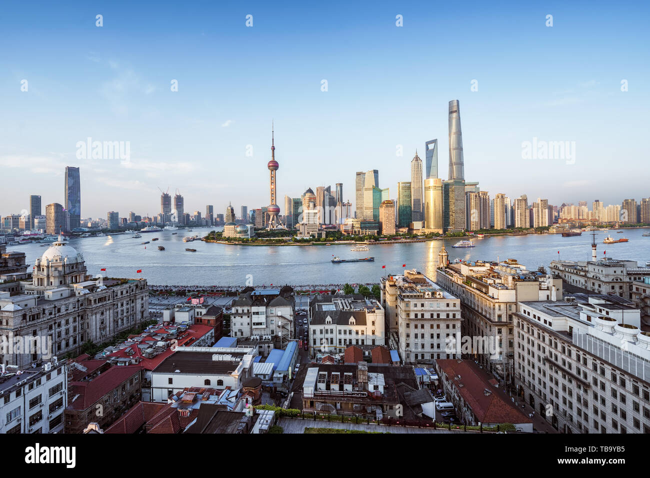 Architecture on both sides of the Pujiang River in Shanghai Stock Photo ...