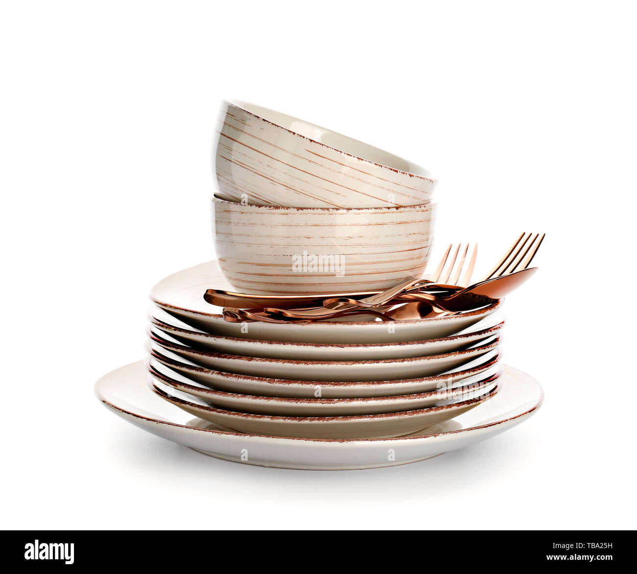 Set of clean tableware on white background Stock Photo - Alamy