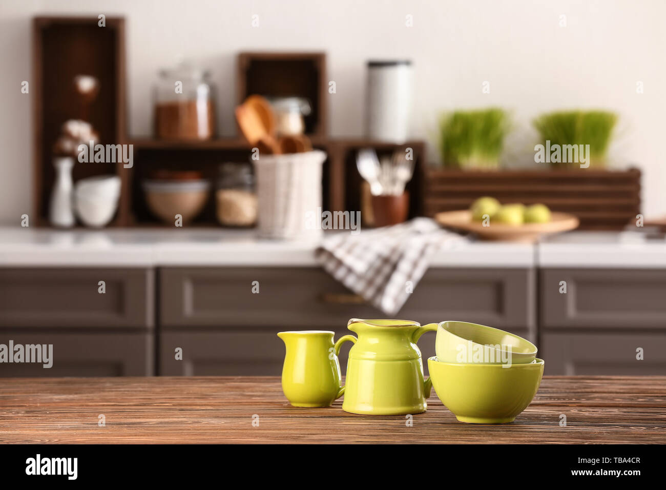 Set of tableware in modern kitchen Stock Photo - Alamy