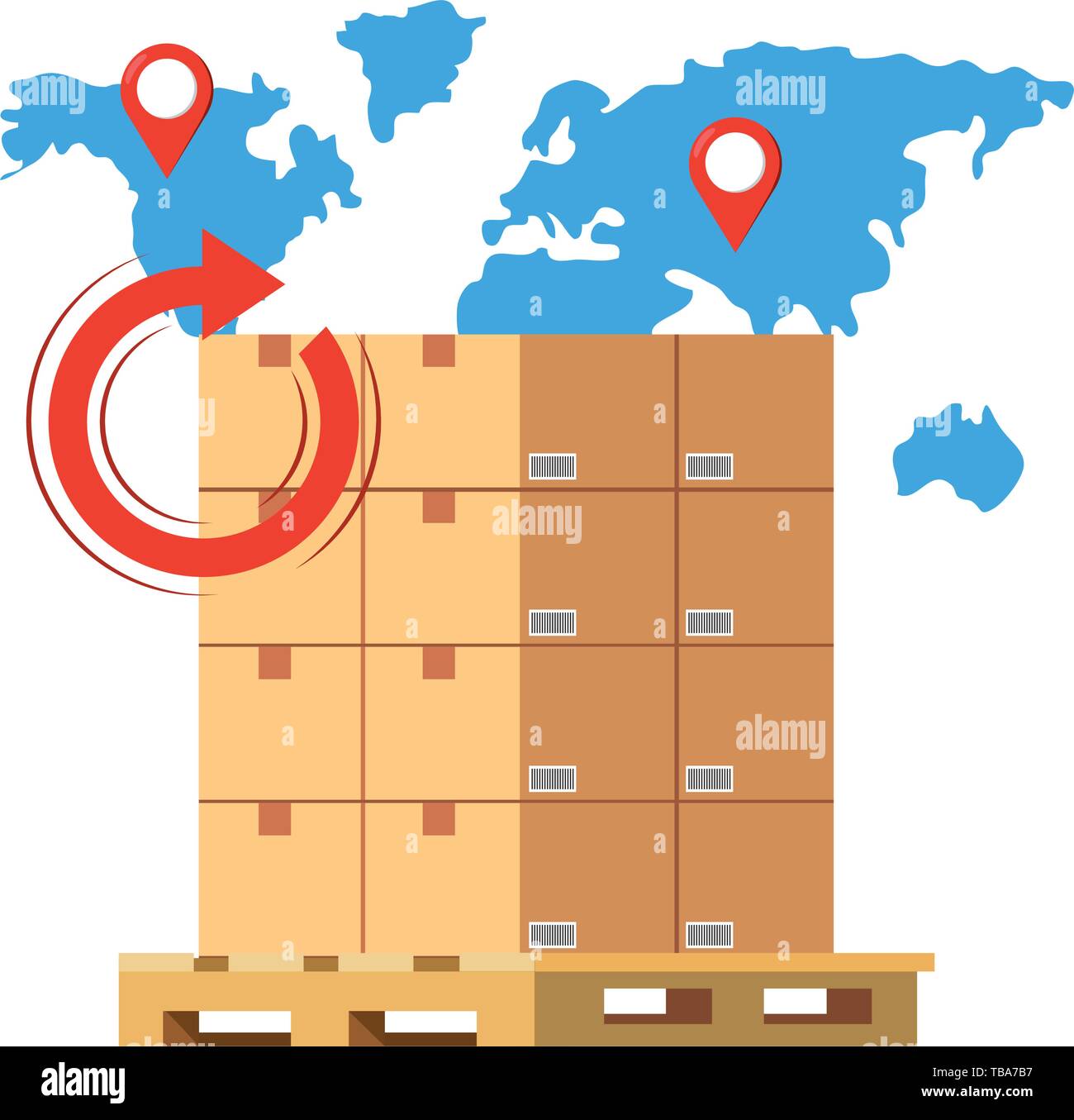boxes over pallets with map and location points, return arrow vector ...